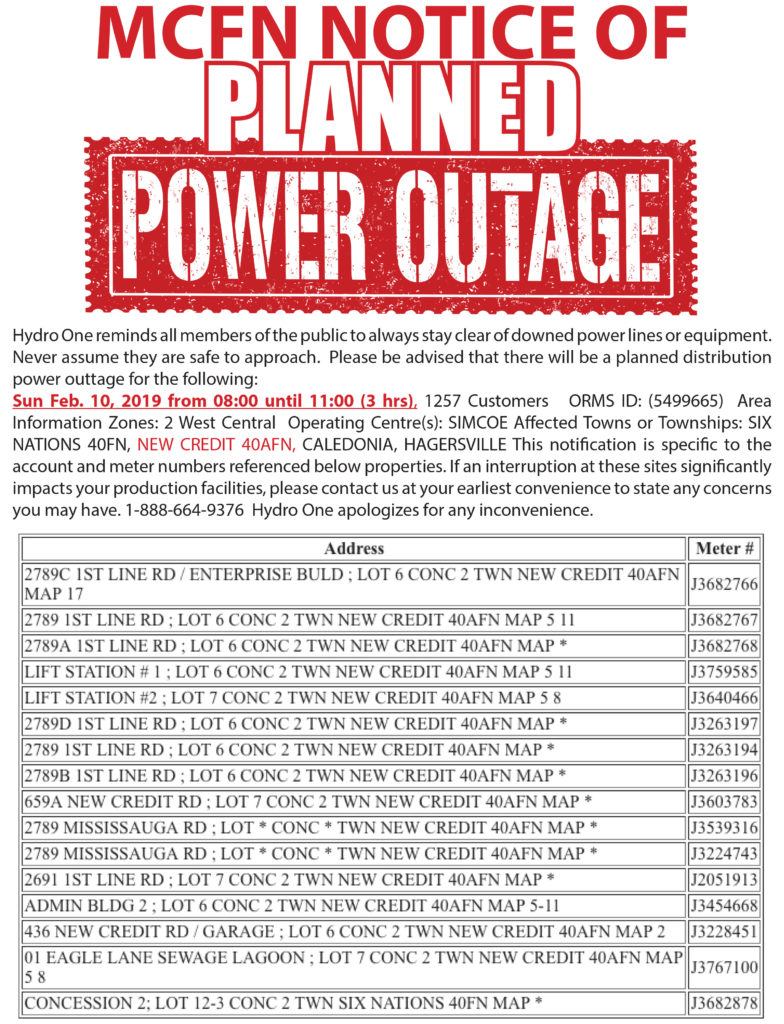 Planned power outage – Mississaugas of the Credit First Nation